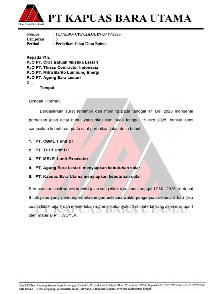 147 Surat Pemberitahuan Perbaikan Jalan Desa Buhut | PDF