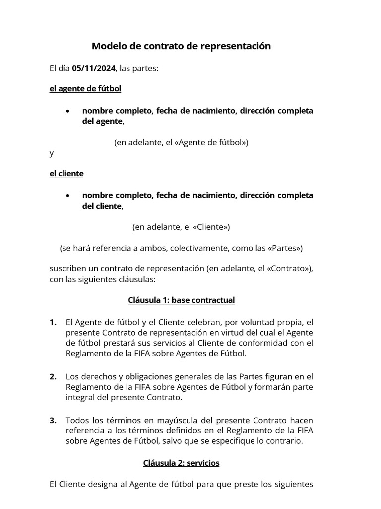 Modelo de Contrato de Representación FIFA | PDF | Asociación de Futbol ...