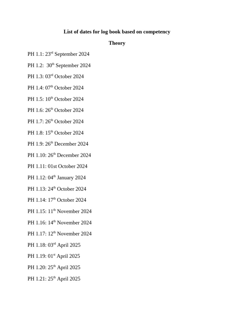List of Dates For Log Book Based On Competency Final | PDF