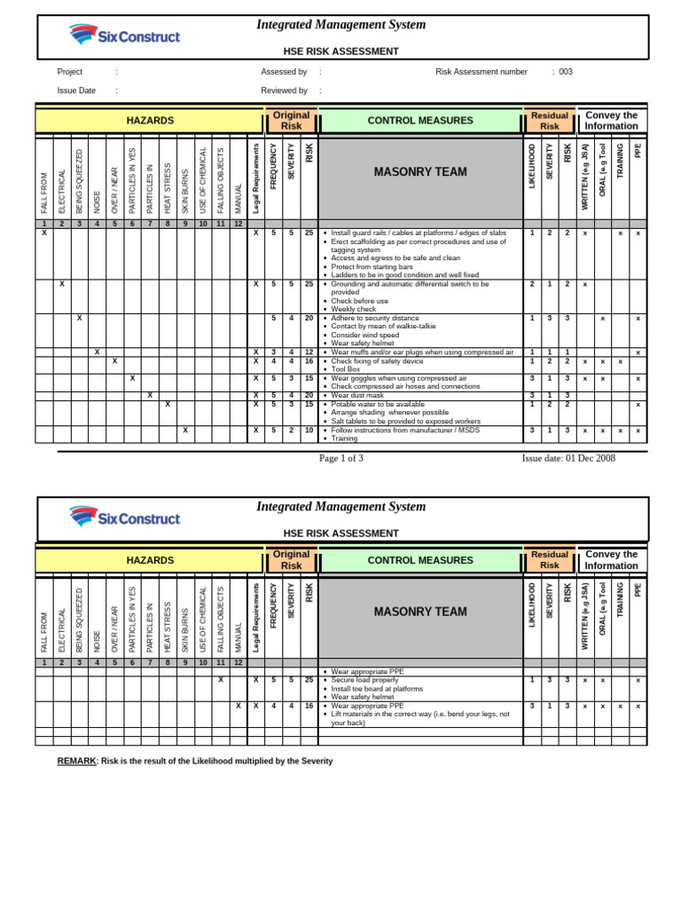 Hse Risk Assessment (003) Masonry Team | PDF | Personal Protective ...