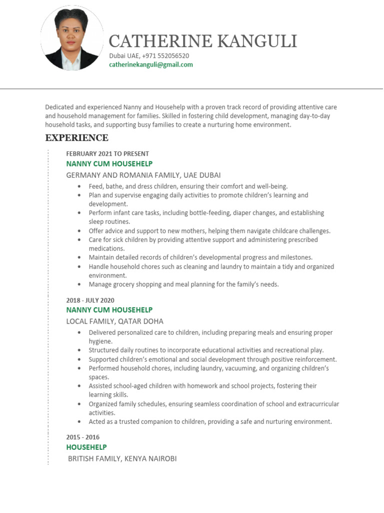Catherine Kanguli Nanny CV | PDF | Housekeeping | Childhood