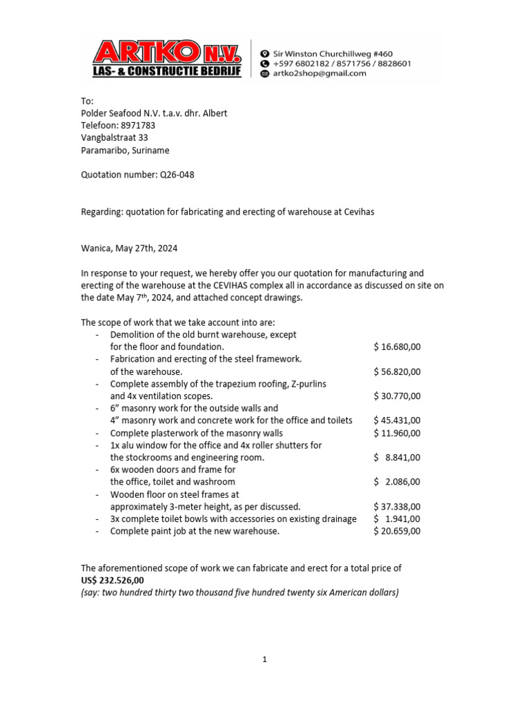 Quotation Q26-048 Polder Seafood - Construction Warehouse Cevihas Final ...