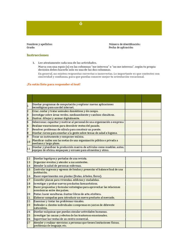 Test para La Identificación de Intereses Vocacionales y Profesionales | PDF