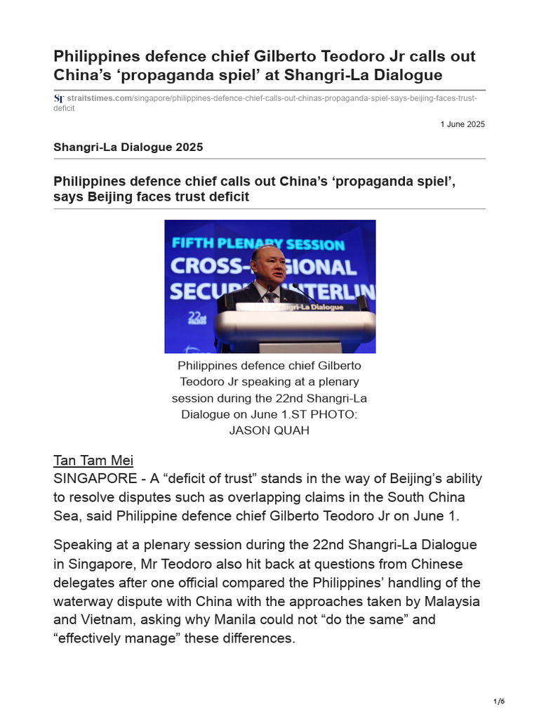 Philippines Defence Chief Gilberto Teodoro JR Calls Out Chinas Propaganda Spiel at Shangri-La ...