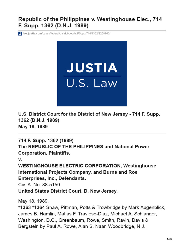 Republic of The Philippines V Westinghouse Elec 714 F Supp 1362 DNJ 1989 | PDF | Arbitration ...