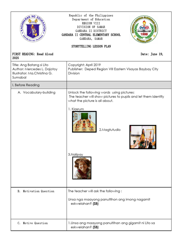 WEEK 2-R8-KLP - Lesson-Plan - Ang-Batang-Si-Lito.-New | PDF | Reading (Process) | Pedagogy