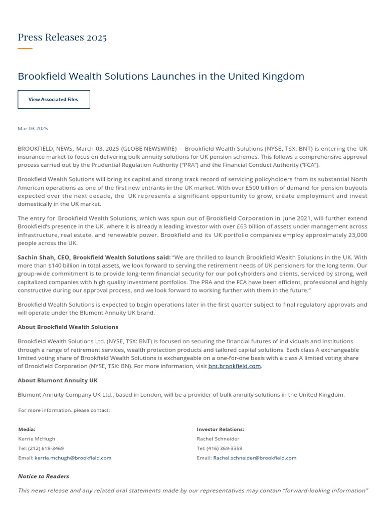 Brookfield Wealth Solutions Launches United Kingdom Mar 17 2025 | PDF ...