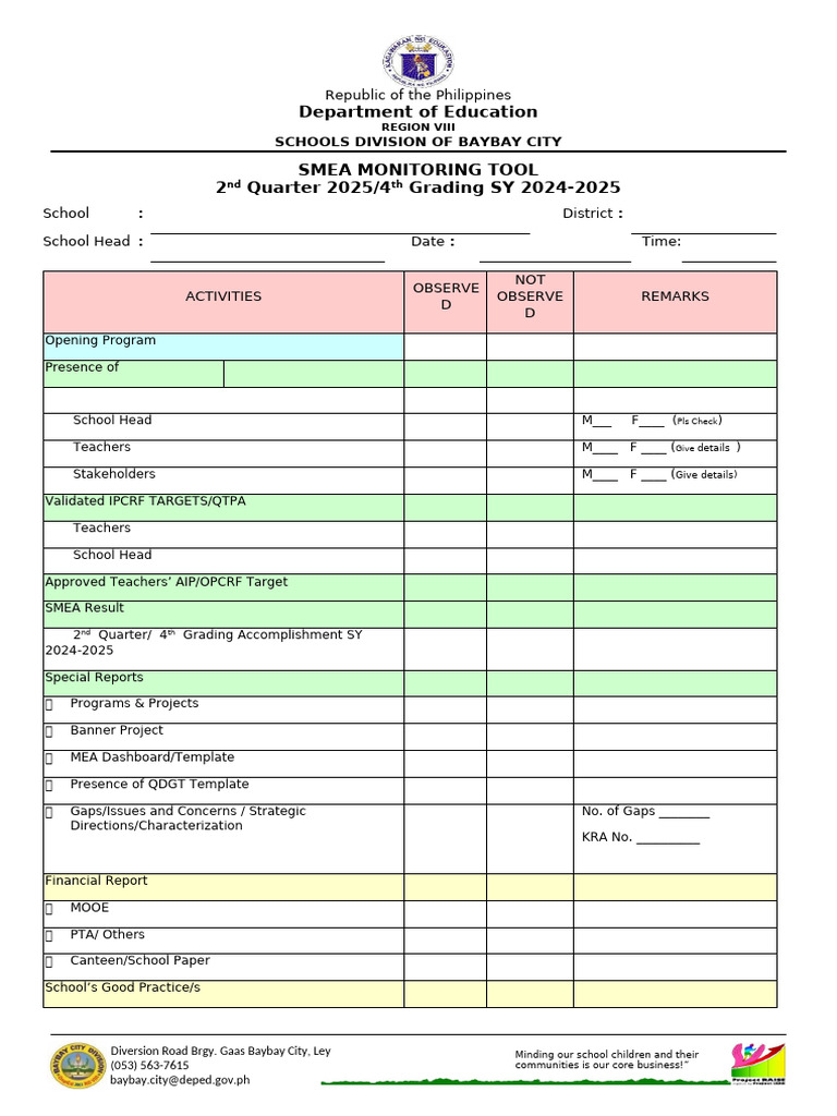 SMEA Monitoring Tool - 4th Grading SY 2024-2025 | PDF