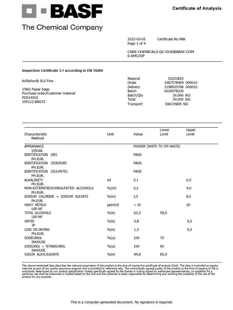 Kolliphor® SLS Fine Certificate of Analysis | PDF | Chemical Elements ...