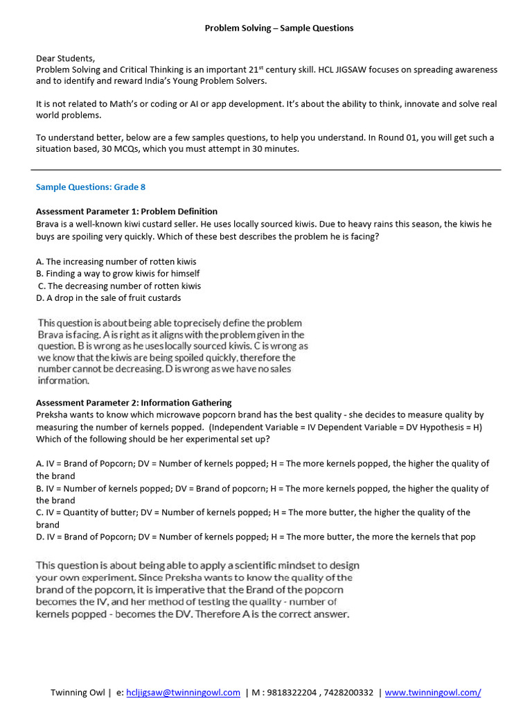 Problem Solving - Sample Questions - Grade 8 | PDF | Popcorn | Cognition