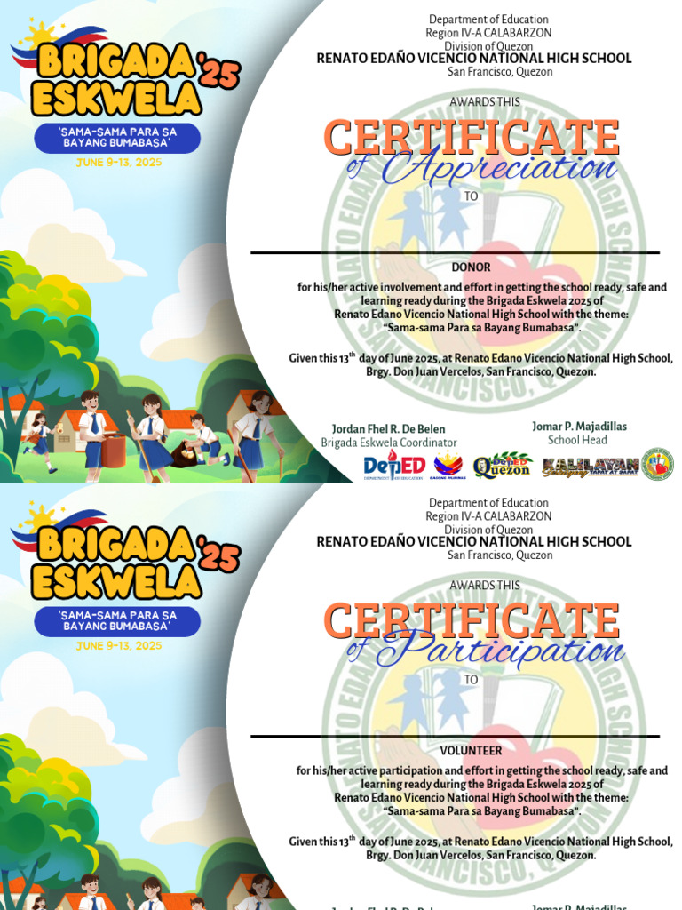 Back To School Brigada Eskwela Certification in Colorful, Illustrative Style | PDF