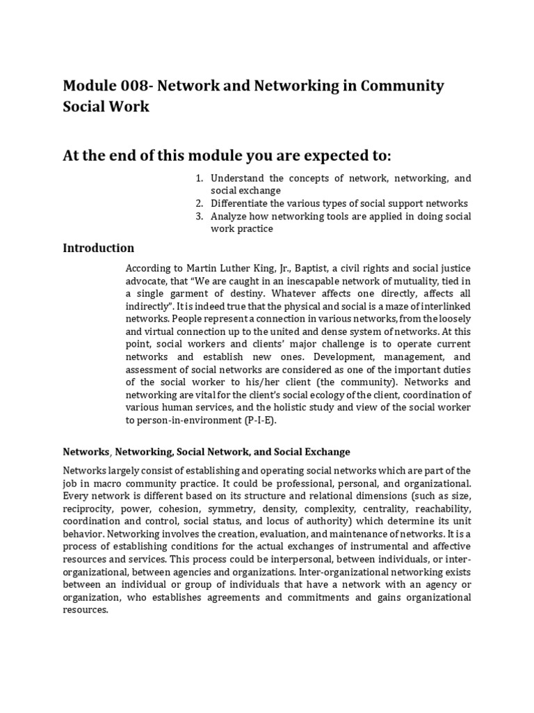 Networking in Community Social Work | PDF | Social Support | Social Network