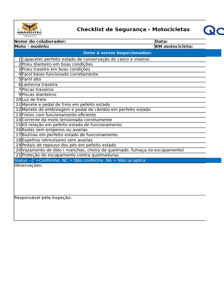 Checklist de Segurança para Motocicletas | PDF