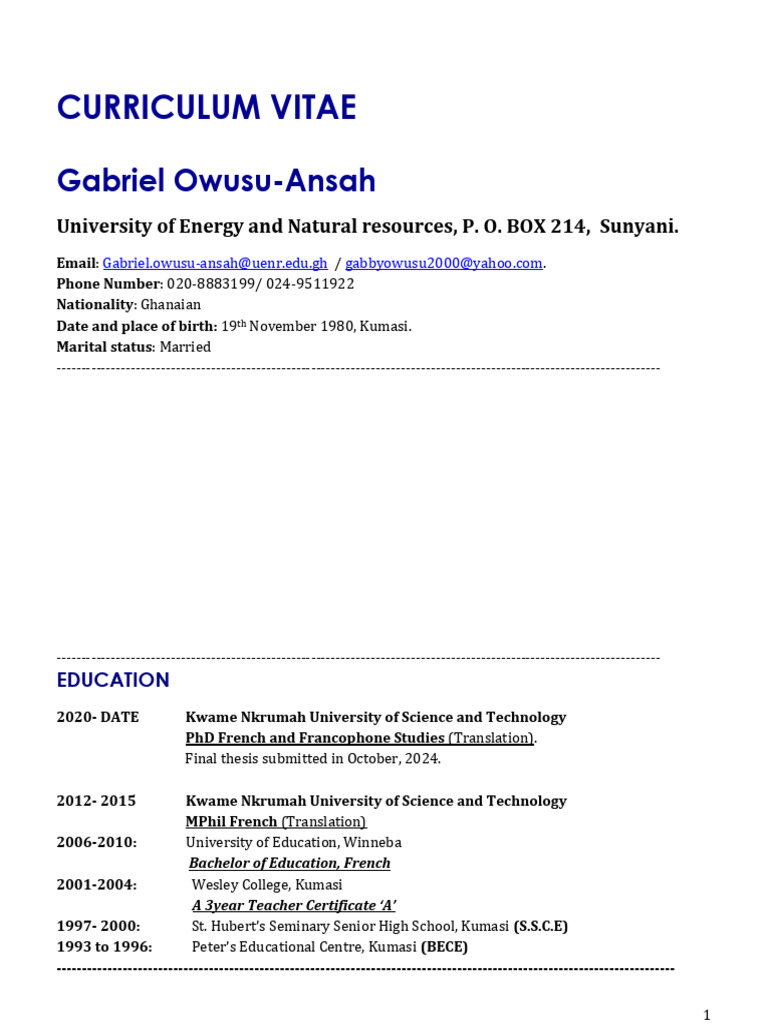 Curriculum Vitae of Gabriel Owusu-Ansah | PDF | Learning