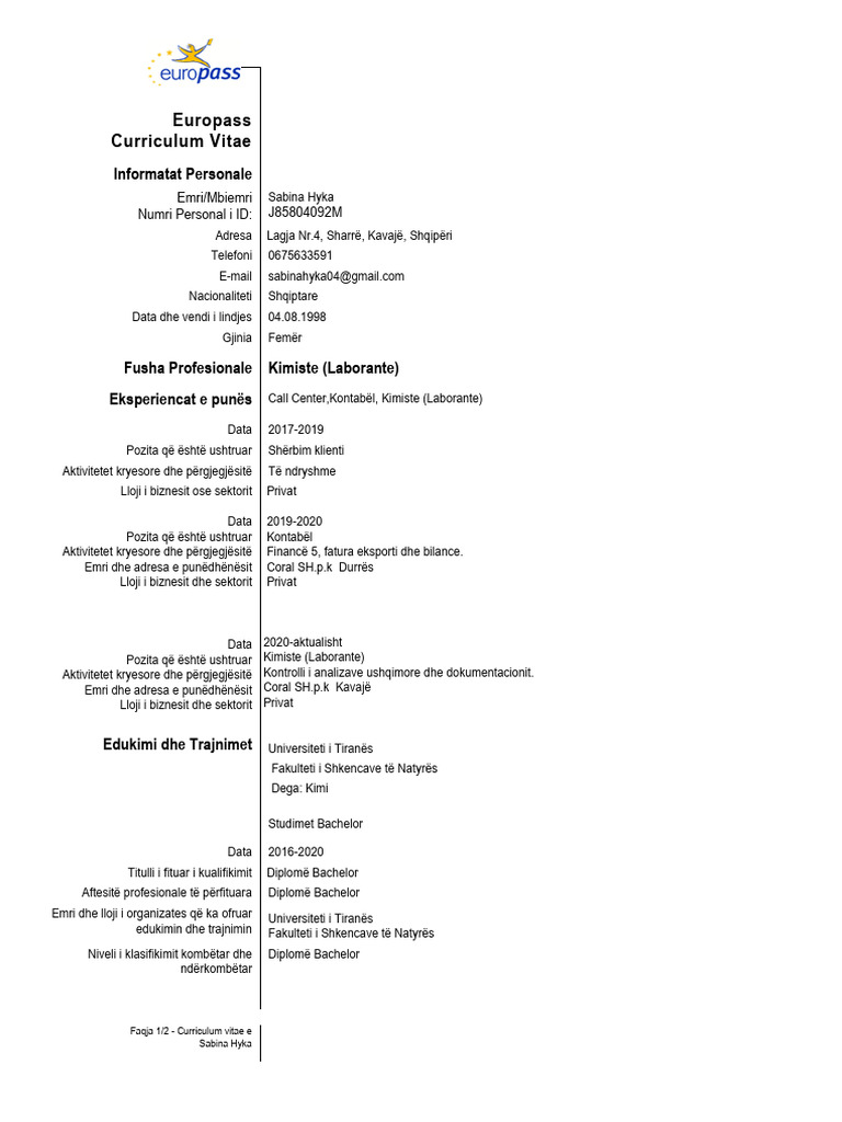 Sabina CV Shqip | PDF
