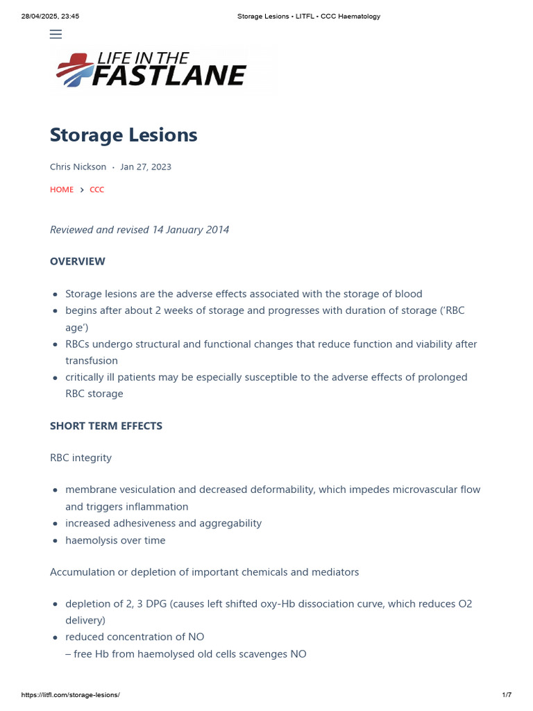 Storage Lesions - LITFL - CCC Haematology | PDF | Red Blood Cell ...