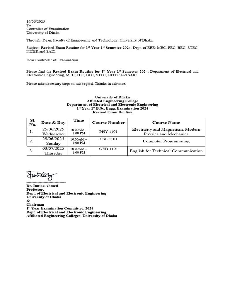 Revised Exam Routine Y1S1 EEE 2024 | PDF
