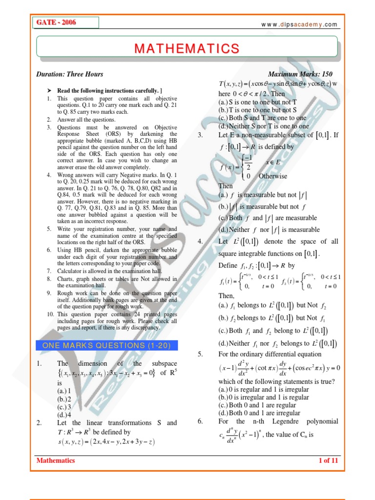 GATE Mathematics Paper-2006 | PDF | Lagrangian Mechanics | Eigenvalues ...
