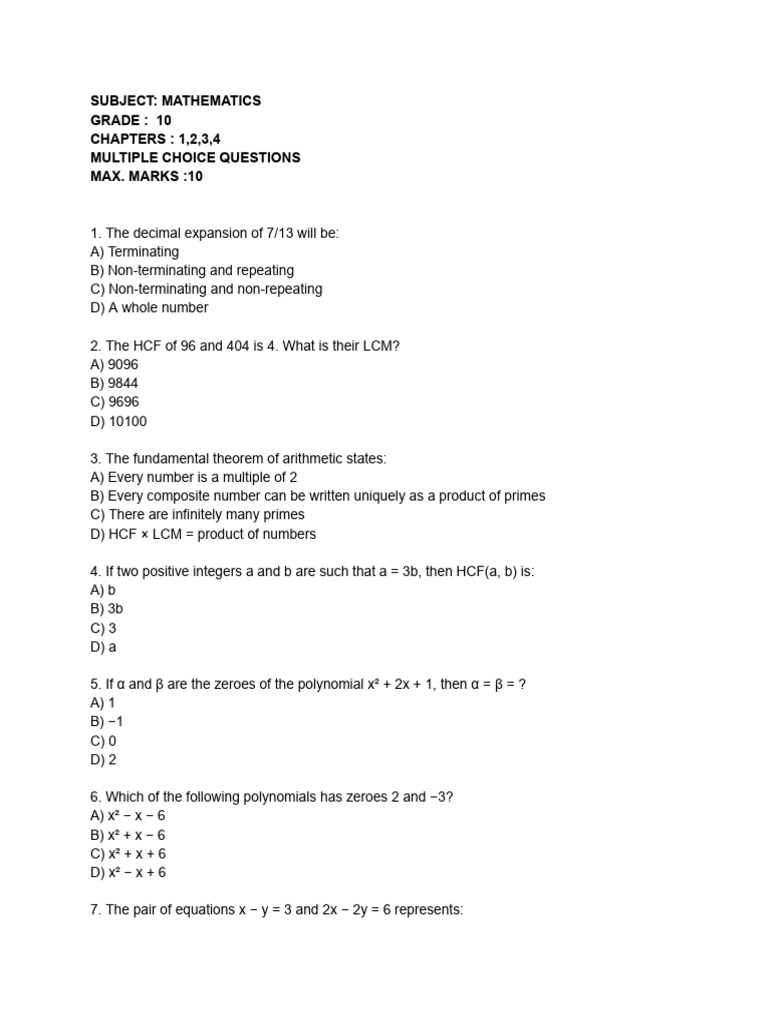 MCQ - CH 1-4 Grade 10 Maths | PDF