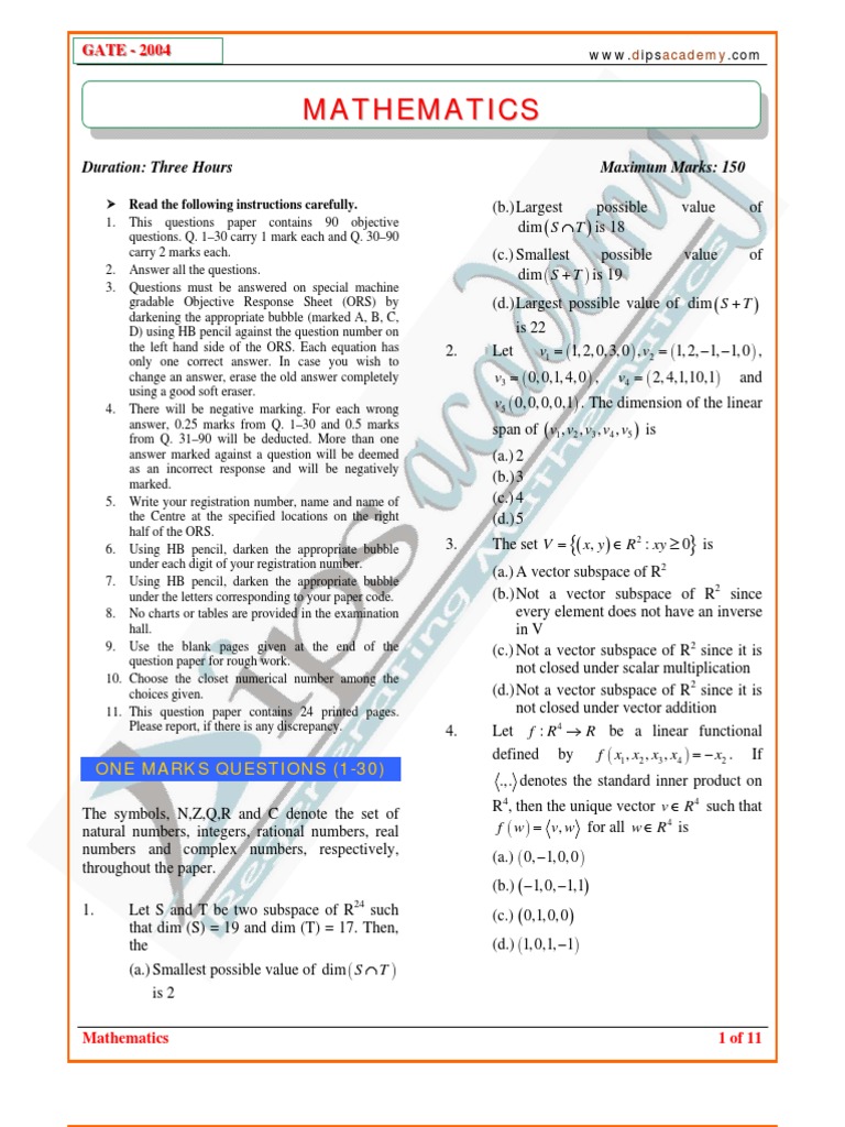Gate Mathematics Paper 2004 Pdf Linear Subspace Vector Space
