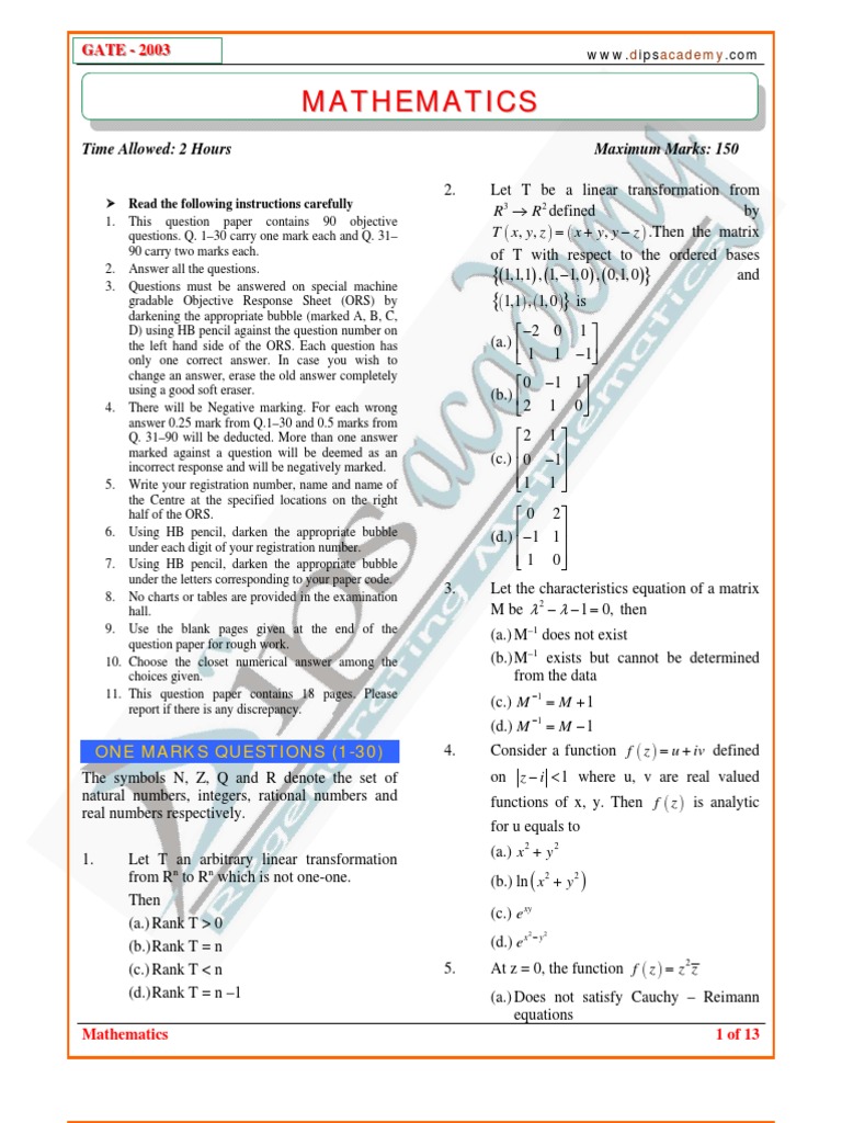 GATE Mathematics Paper-2003 | PDF | Linear Programming | Eigenvalues ...