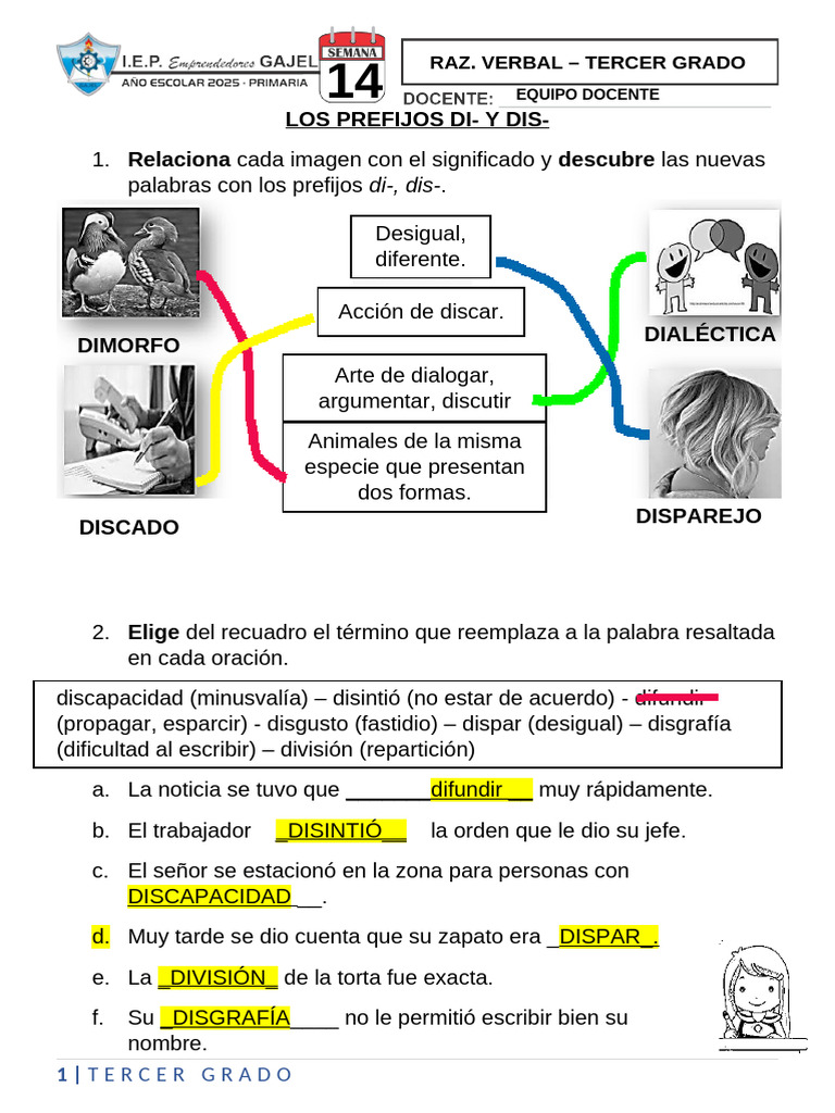 Ficha 3er Grado Raz Verbal - Semana 14LOS PREFIJOS DI - Y DIS | PDF