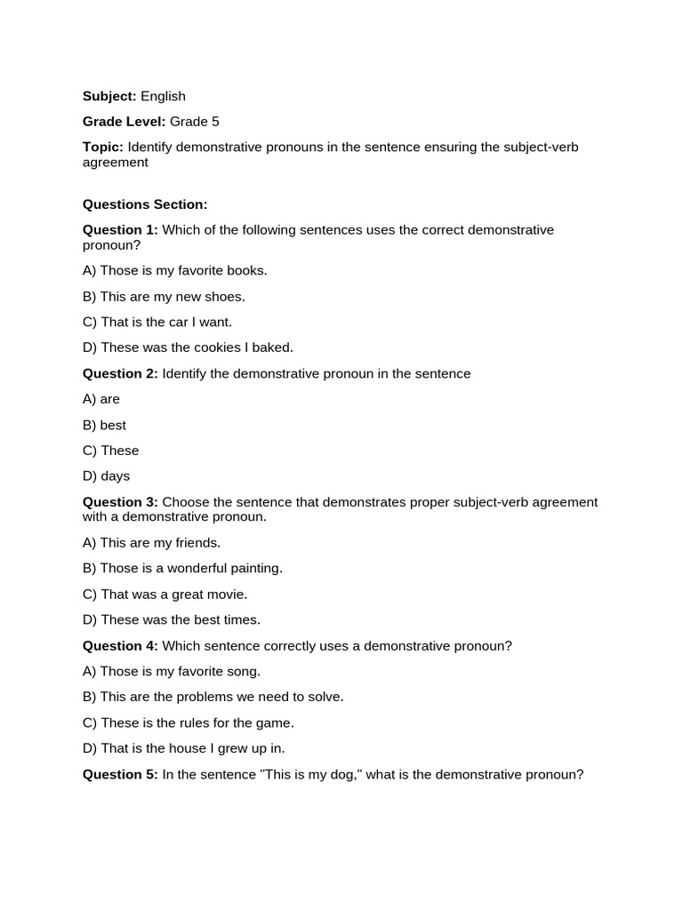 Grade 5 Demonstrative Pronouns Quiz | PDF | Question | Grammatical Number
