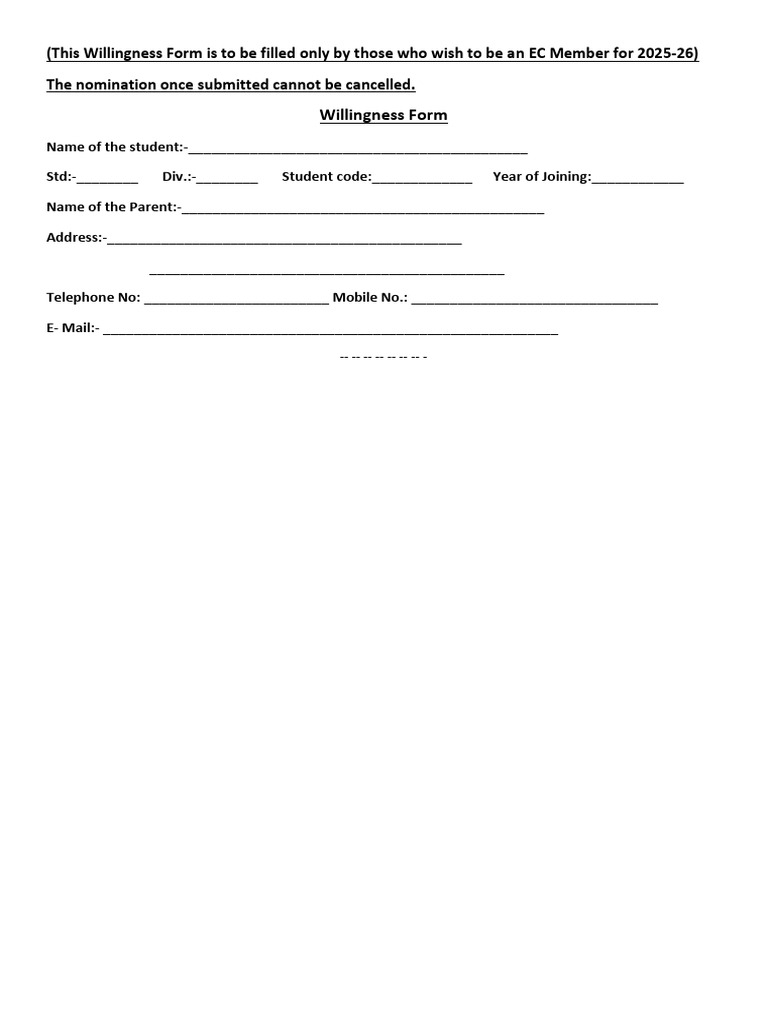 Willingness Form 2025-26 | PDF