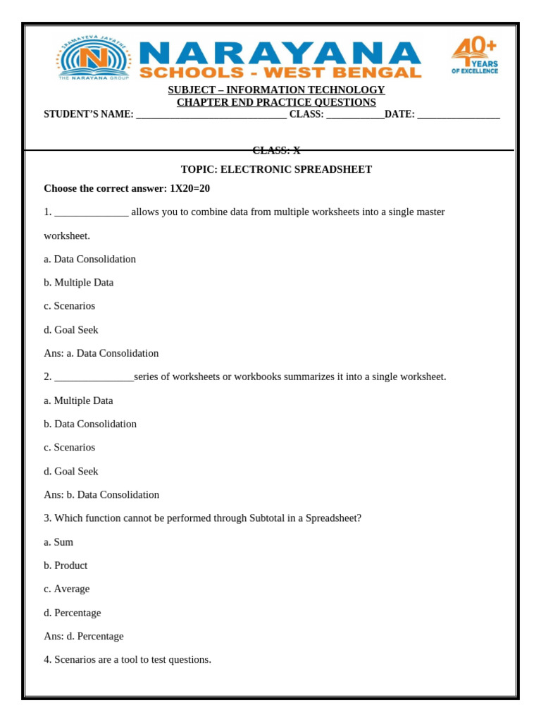 Class X Electronic Spreadsheet Chapter End | PDF | Spreadsheet | Worksheet
