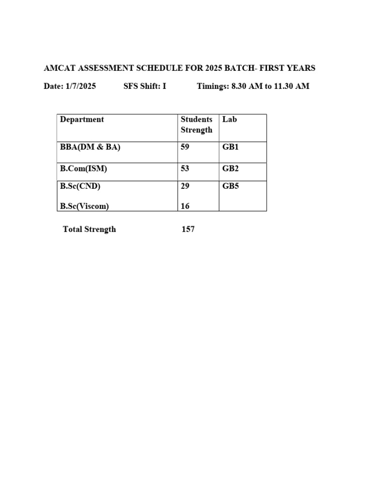 Amcat Assessment Schedule For 2025 Batch - Sfs | PDF