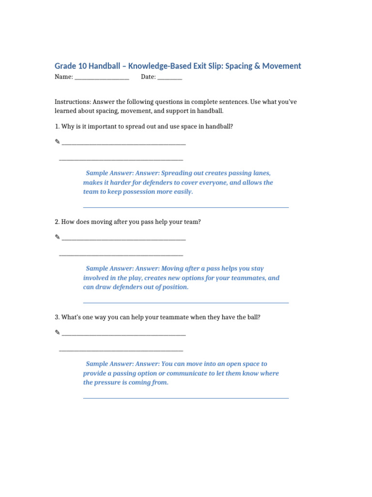 Grade 10 Handball Knowledge Exit Slip | PDF