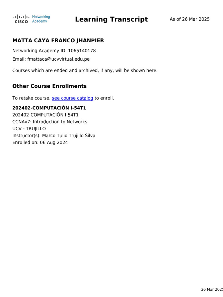 NetAcad Learning Transcript | PDF