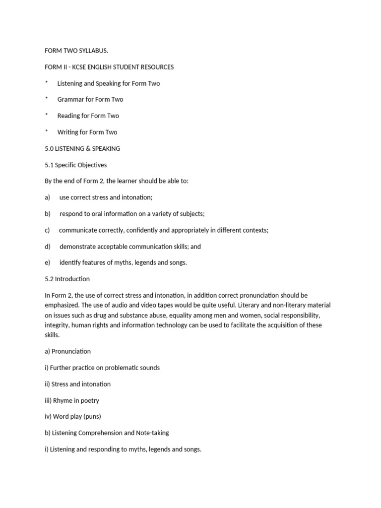 Form Two English Syllabus Overview | PDF | Part Of Speech | Adverb