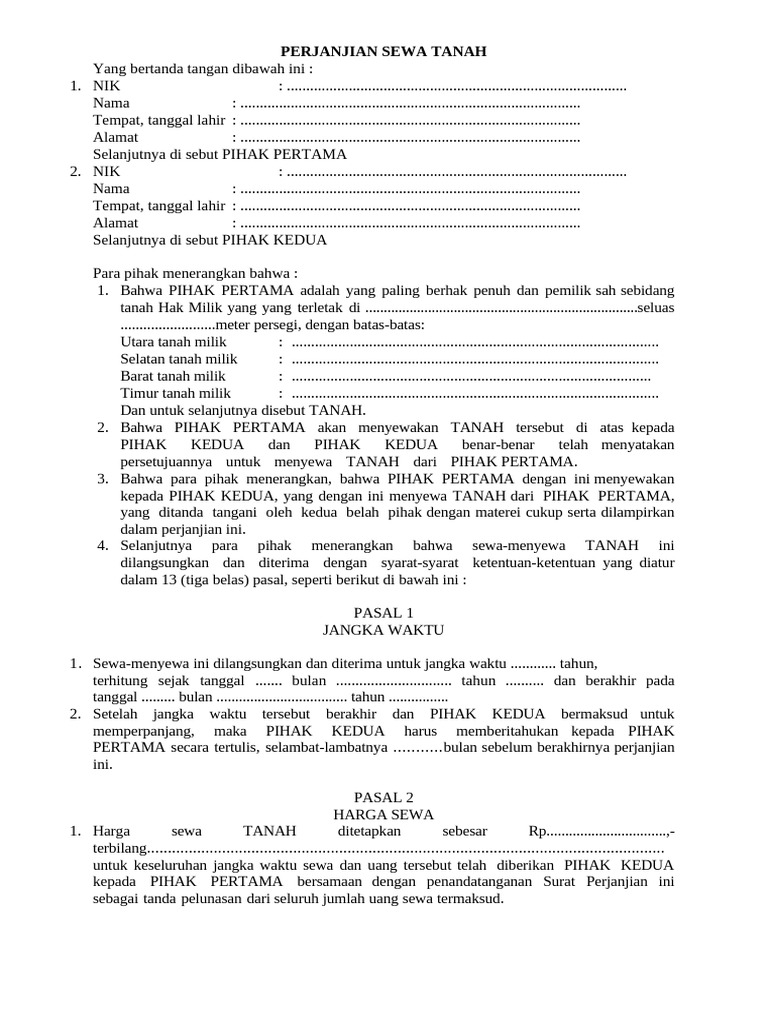 Perjanjian Sewa Tanah Resmi dan Legal | PDF