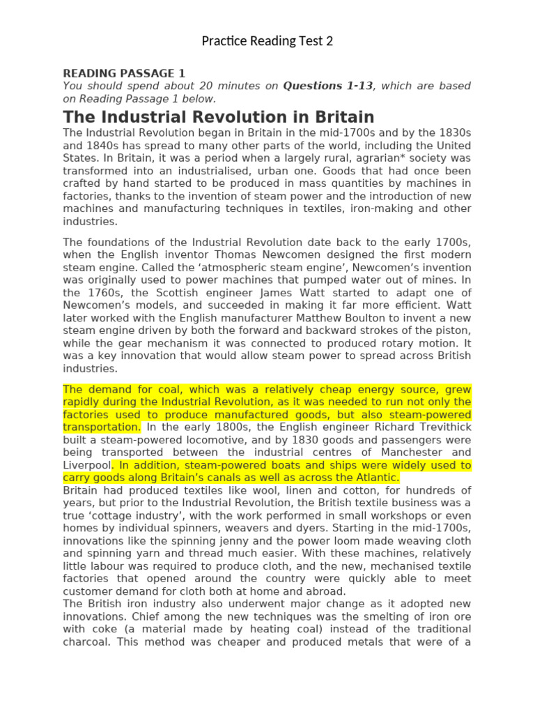 Practice Reading Test 2 | PDF | Industrial Revolution | Anxiety