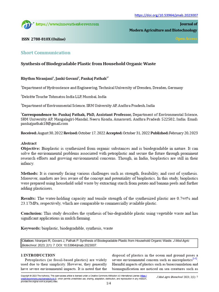 Synthesis of Biodegradable Plastic From Household | PDF ...