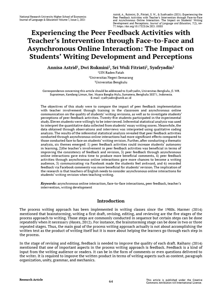 Experiencing The Peer Feedback Activities With Teacher S Intervention Through Face To Face and ...