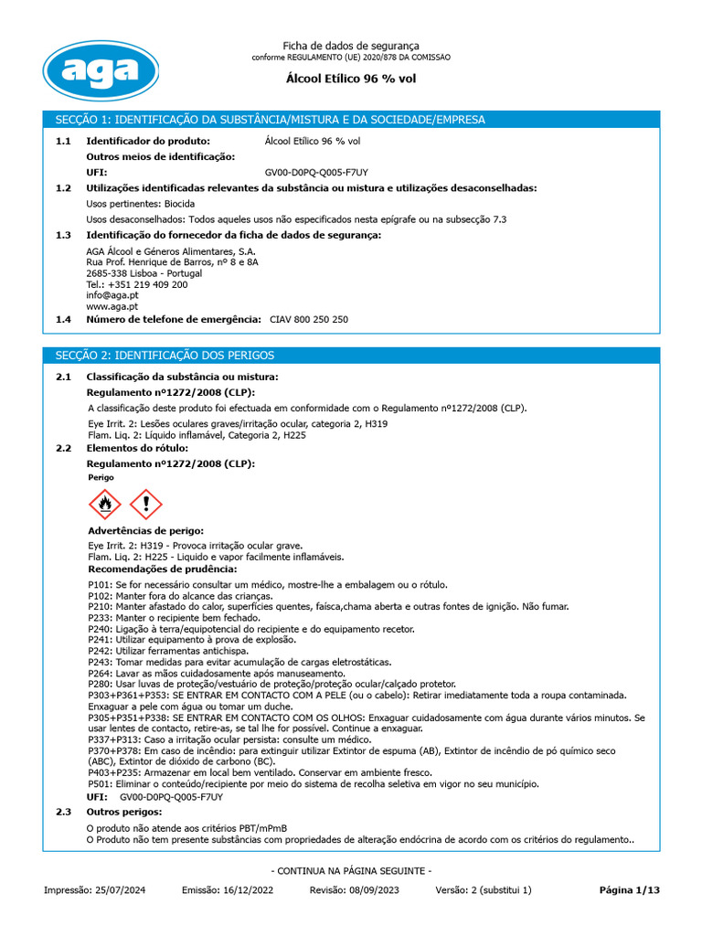 Ficha de Segurança do Álcool Etílico 96% | PDF | Química | Dióxido de ...