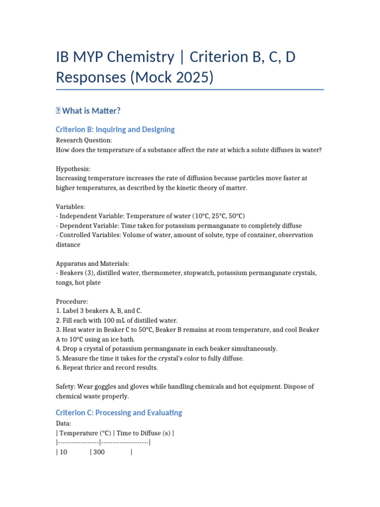 IB MYP Chemistry Criteria BCD All Topics | PDF | Temperature | Matter