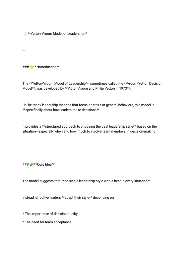 Yetton-Vroom Leadership Theory | PDF | Leadership | Psychological Concepts