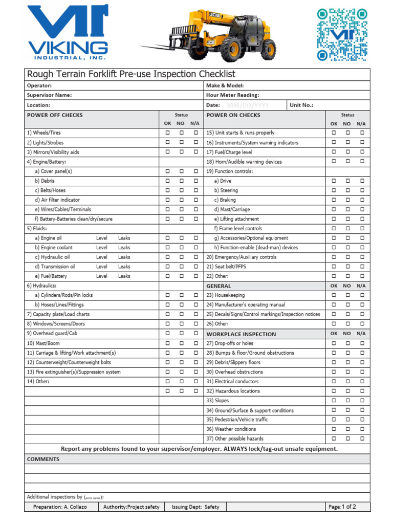 Forklift LULL Pre Use Inspection JCB 509.42 | PDF | Forklift | Personal ...