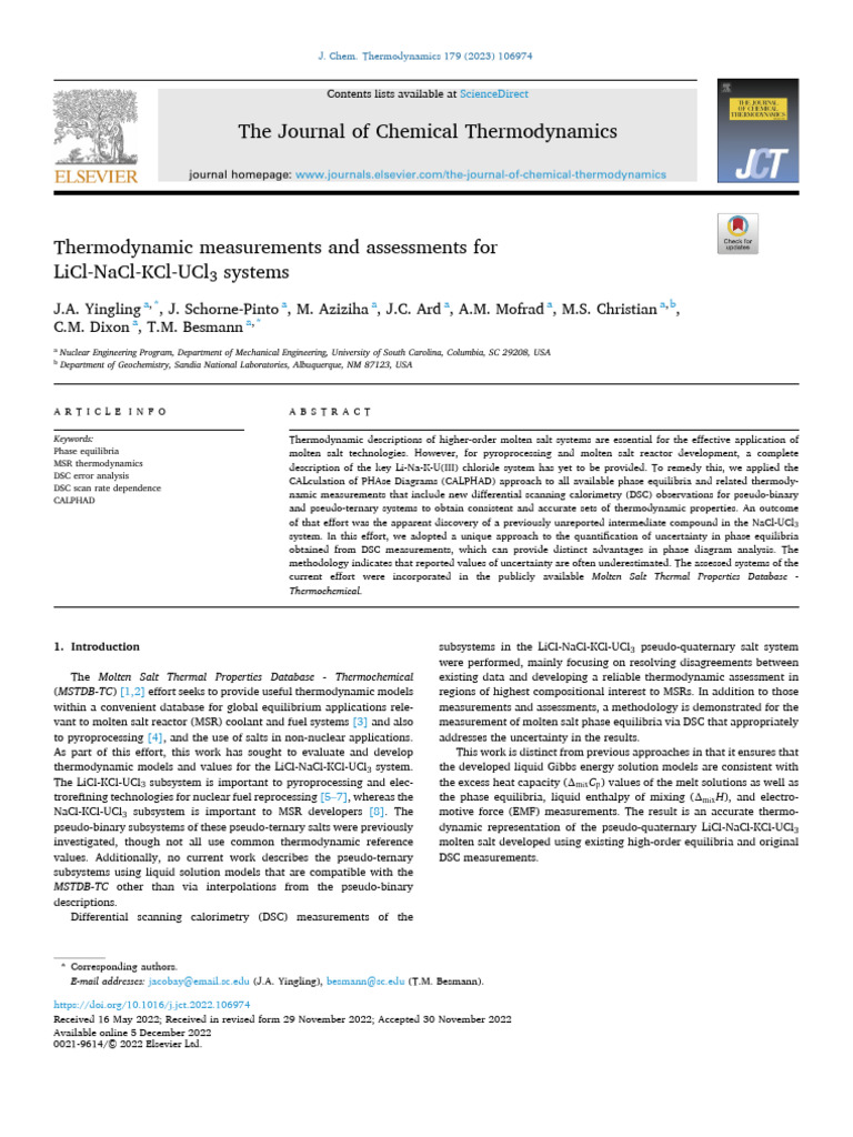 Thermodynamic Measurements and Assessments For LiCl-NaCl-KCl-UCl3 Systems | PDF | Differential ...