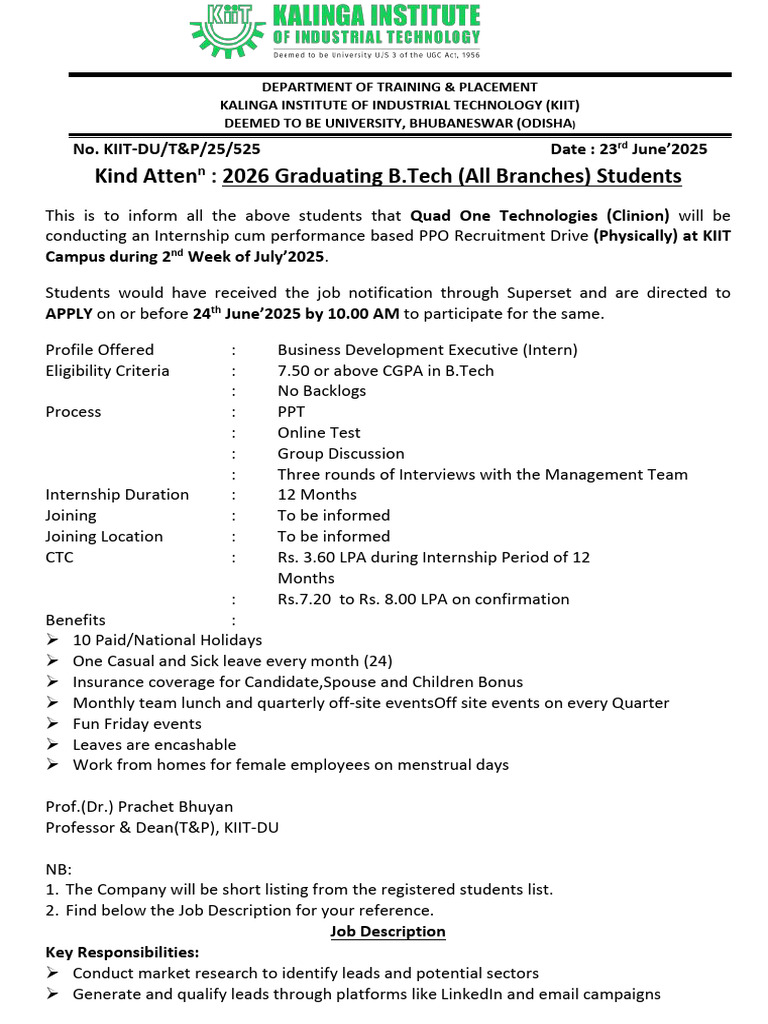 Registration QuadOne Technologies - Clinion Internship Cum PPO Recruitment Drive For 2026 Batch ...