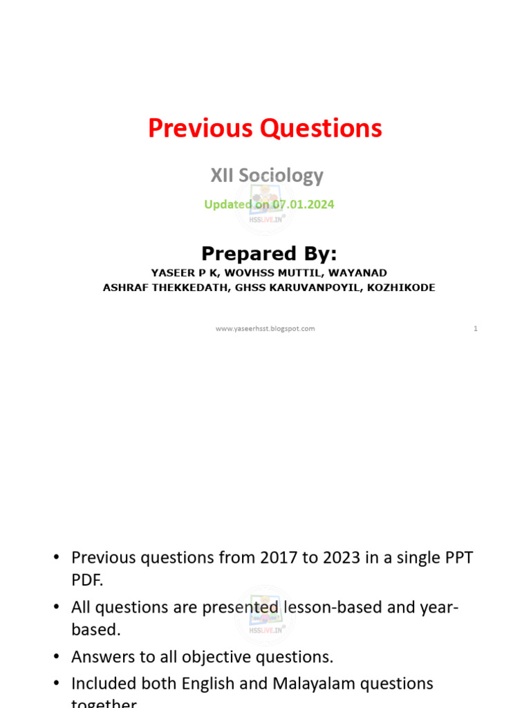 Hsslive Xii Sociology Pyq | PDF