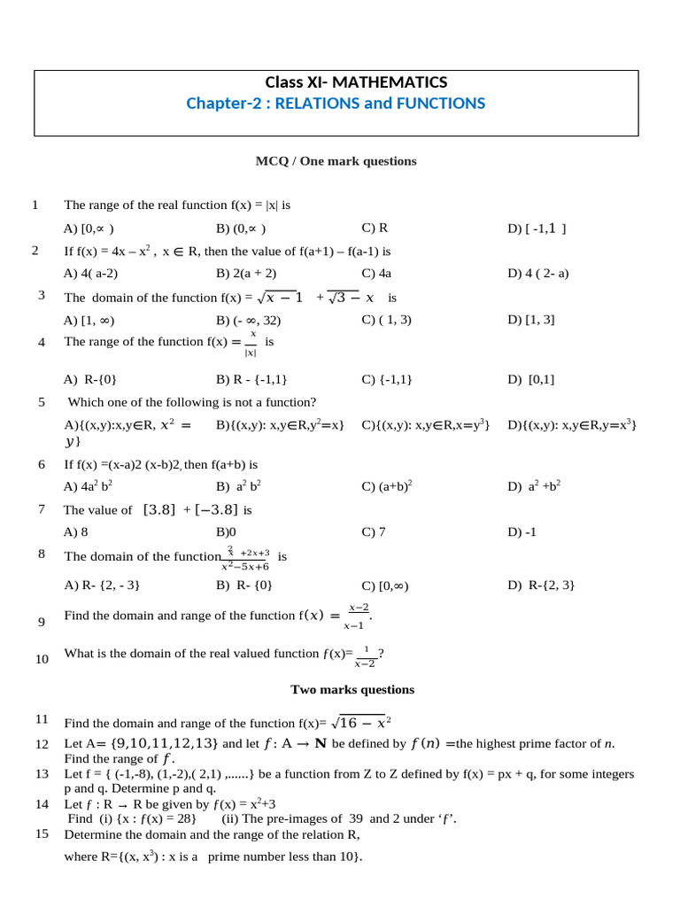 MCQ on Functions and Their Domains | PDF | Function (Mathematics ...