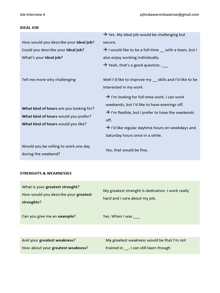 Interview 4 (Ideal Job + Strenghts&Weaknesses) | PDF