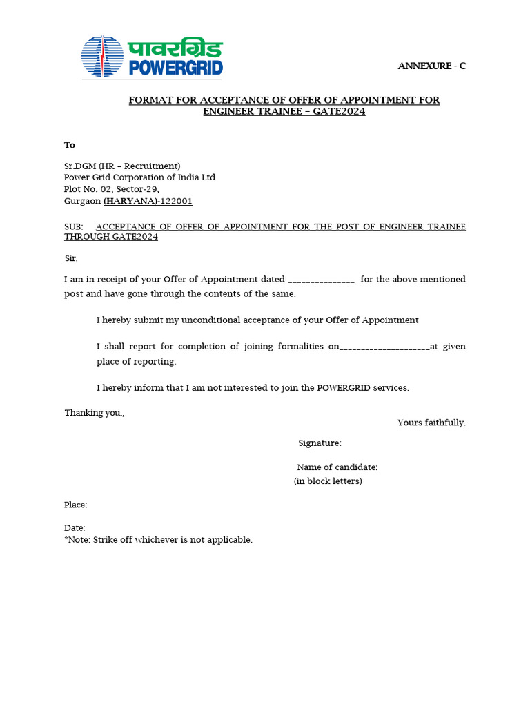 Annexure C ET GATE 2024 Acceptance | PDF