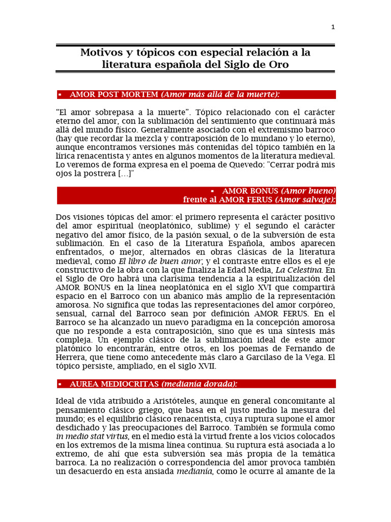 Motivos y T Picos Con Especial Relaci N A La Literatura Espa Ola Del Siglo de Oro | PDF | Amor ...