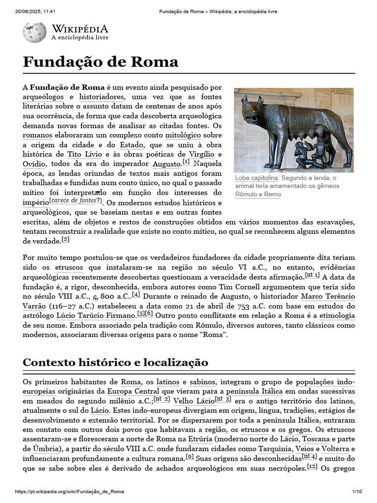 Fundação de Roma - Wikipédia, A Enciclopédia Livre | PDF | Rômulo e Remo