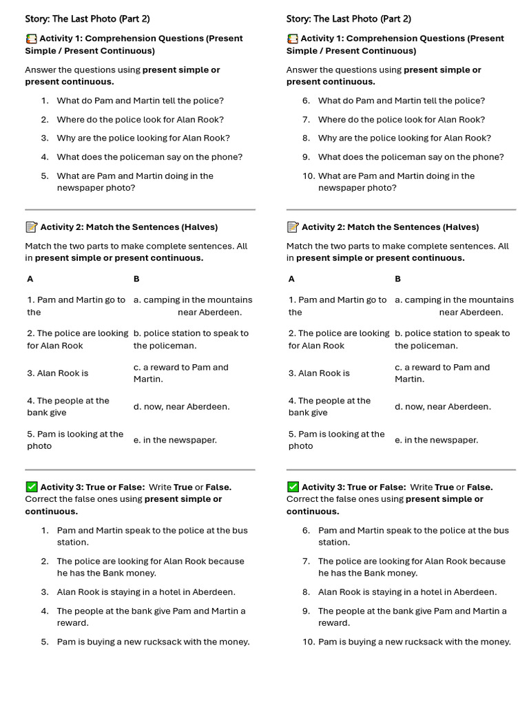 Comprehension Activities for "The Last Photo" | PDF | Chess | Chess Theory